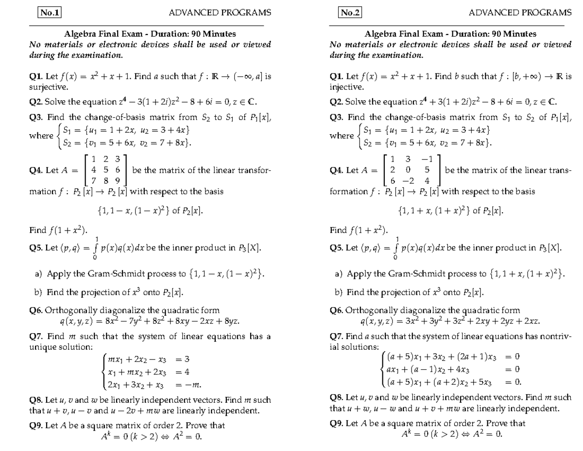 Algebra 101: Final Exam Review - Advanced Programs - Studocu