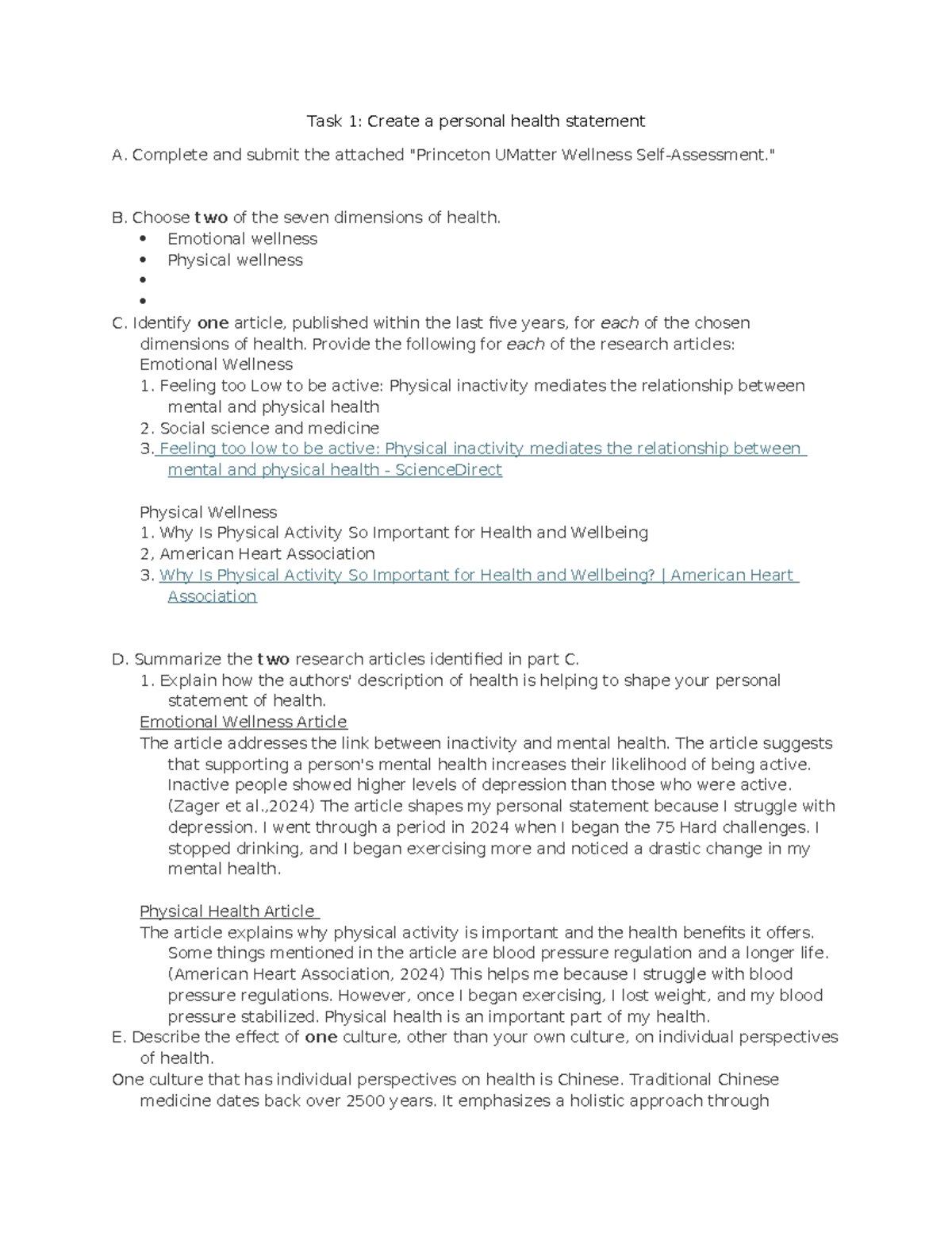 Task 1: Personal Health Statement & Wellness Dimensions Analysis - Studocu