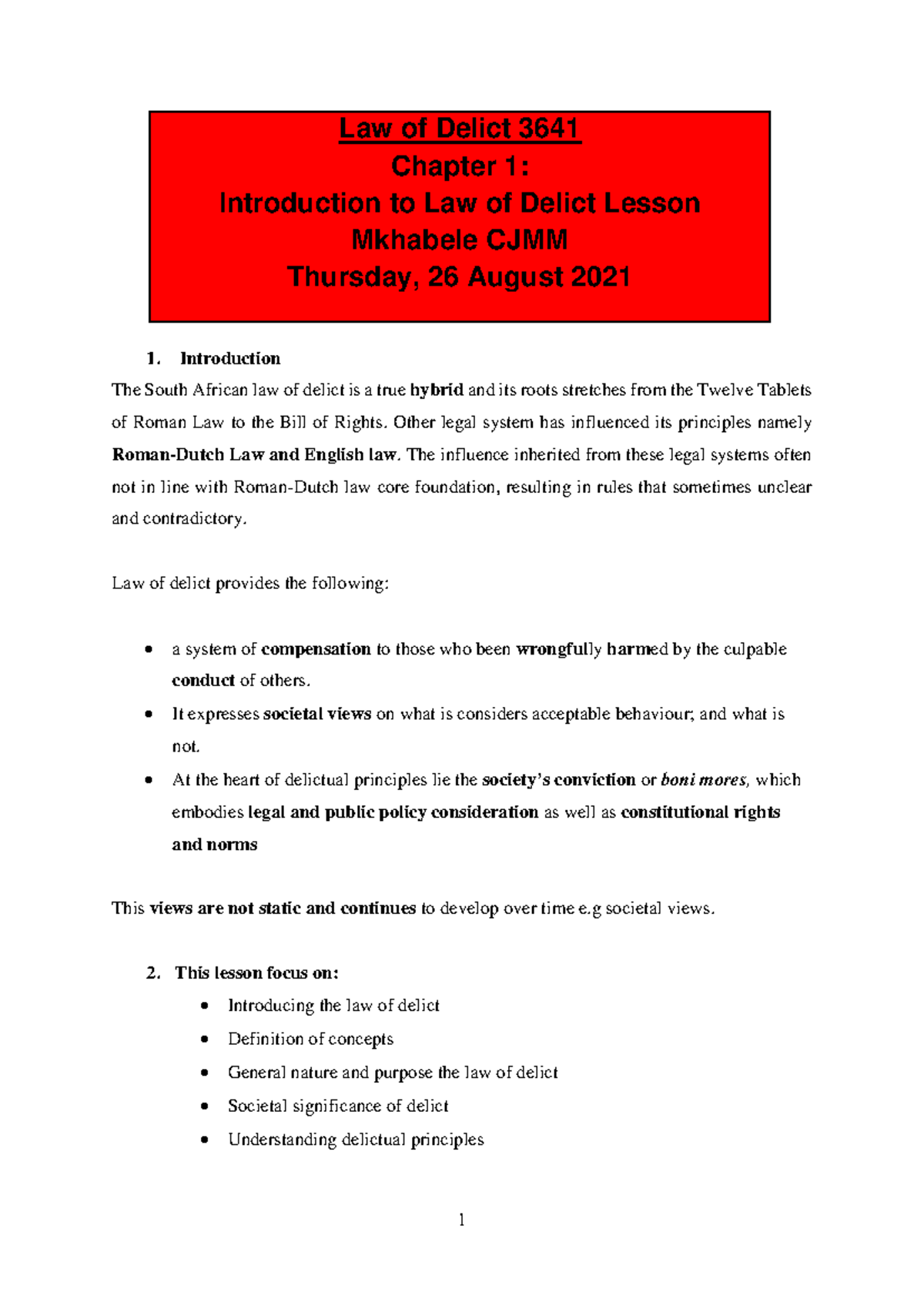 Law of Delict 3641: Introduction to Delictual Principles Lesson - Studocu