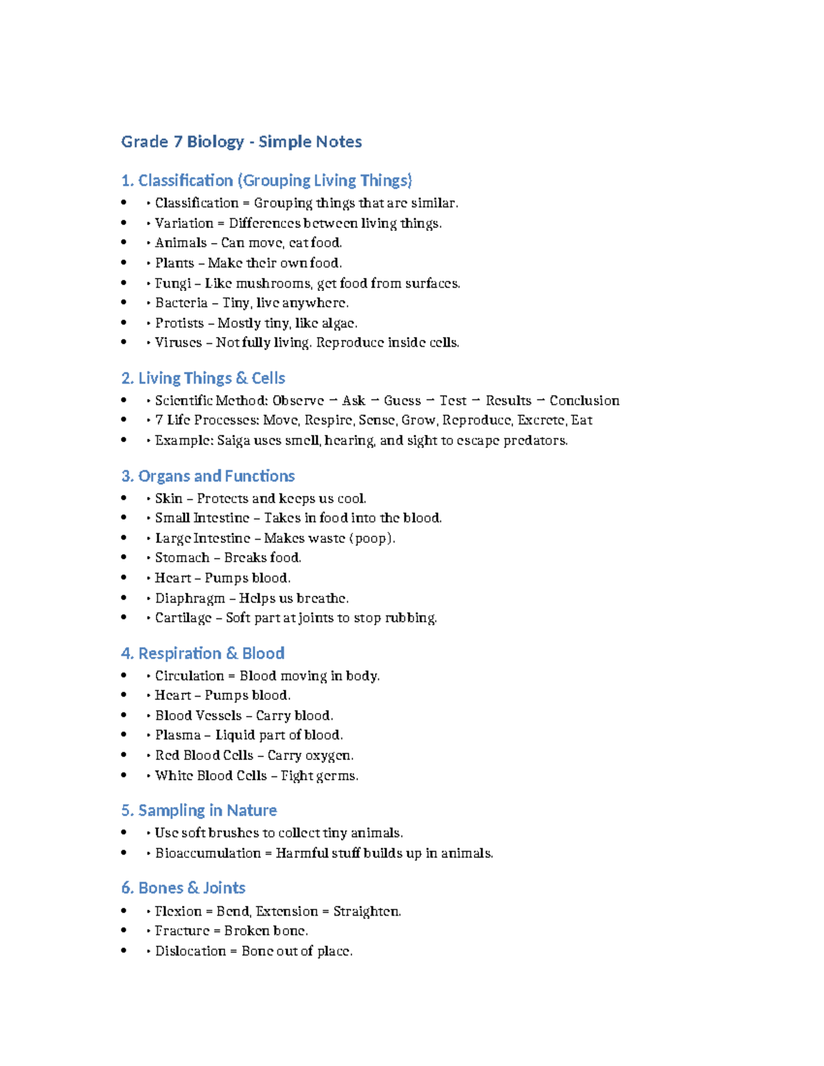 Grade 7 Biology Notes: Classification, Life Processes & Organs - Studocu
