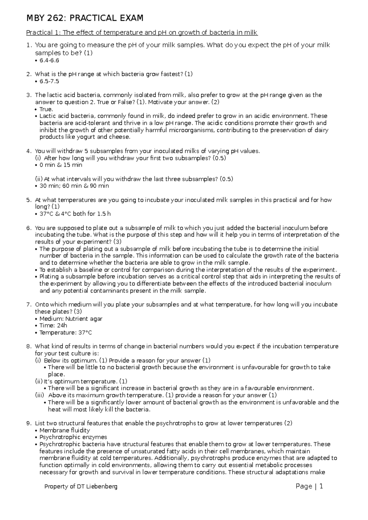 MBY 262: Practical Exam on Bacterial Growth in Milk and Food ...