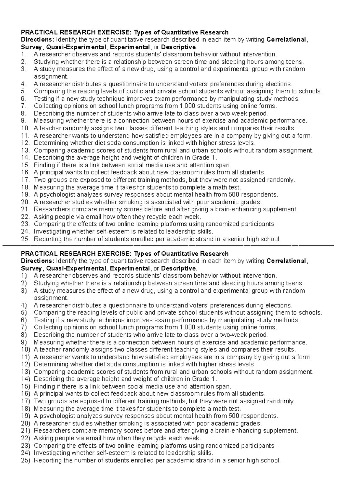 PRACTICAL RESEARCH EXERCISE: Identifying Types of Quantitative Research ...