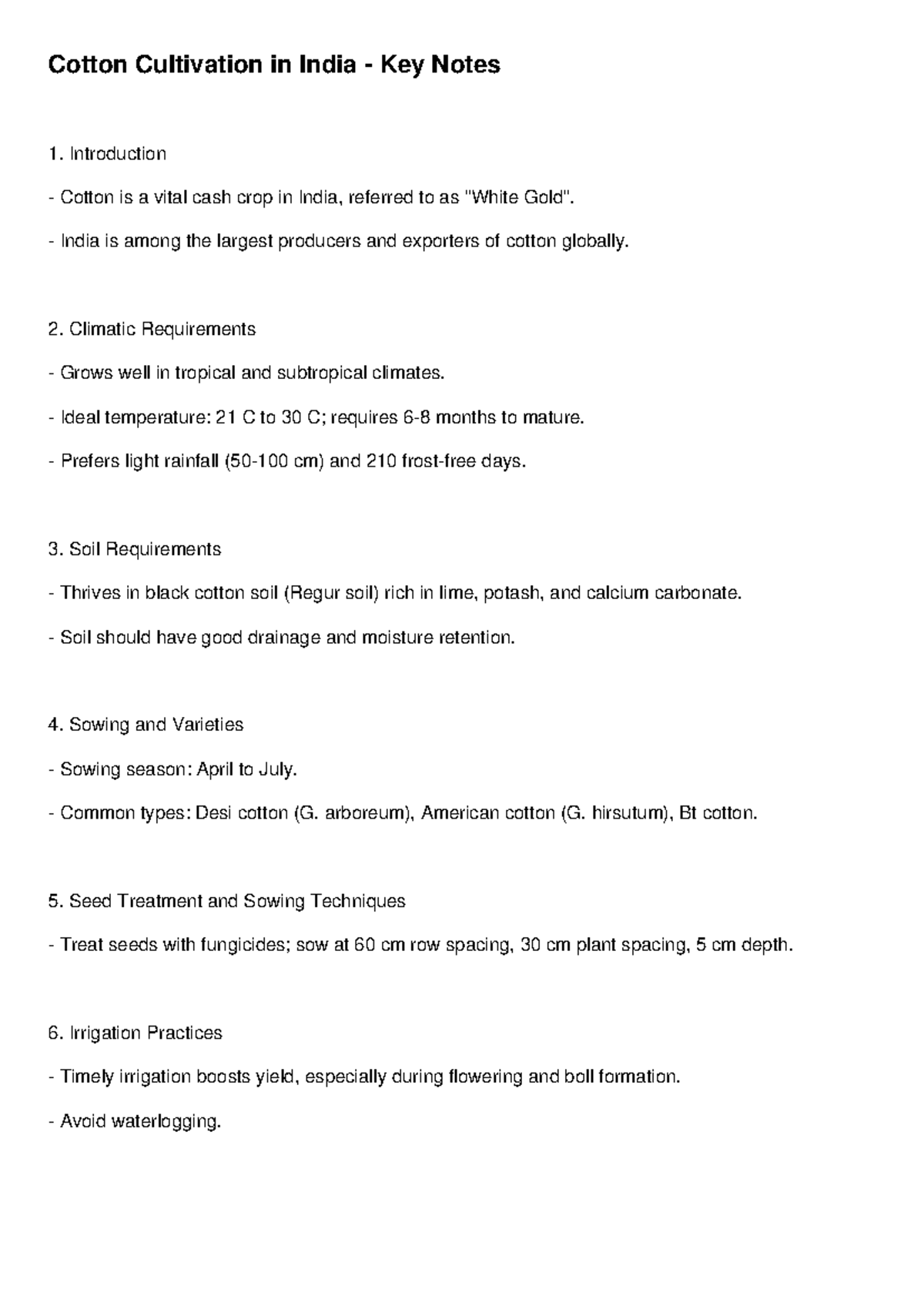 Cotton Cultivation in India: Key Notes and Guidelines - Studocu