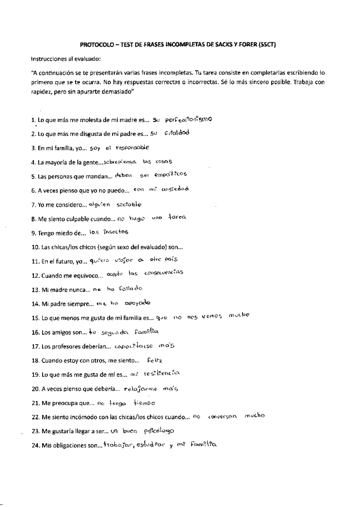 Test de Frases Incompletas de Sacks y Forer (SSCT) - Studocu