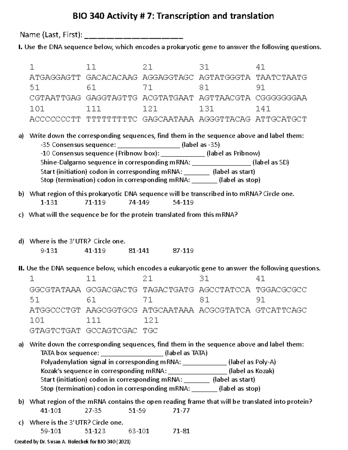 BIO 340 Final Activity #7: Gene Transcription & Translation Guide - Studocu