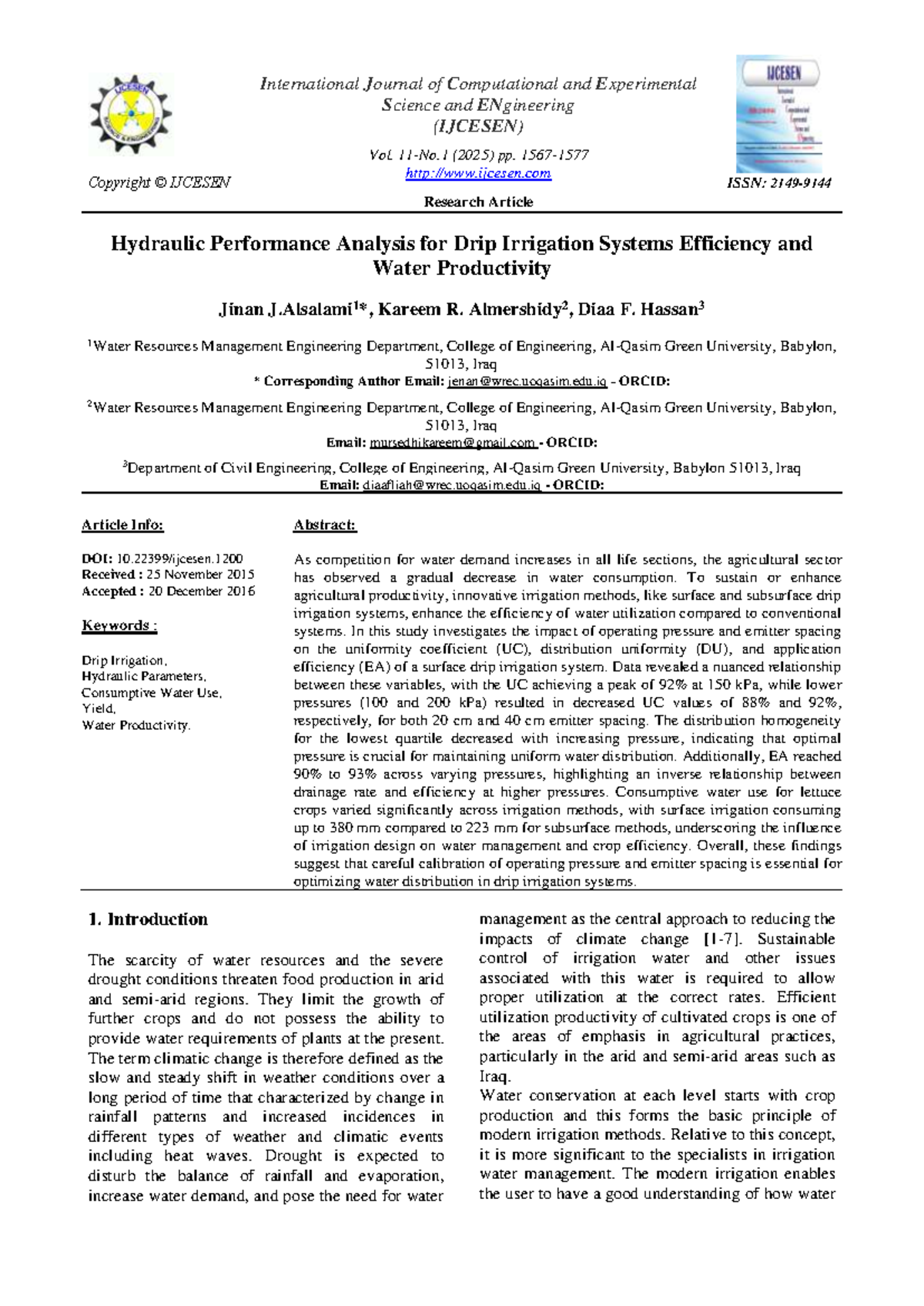 Hydraulic Performance Analysis of Drip Irrigation Systems (IJCESEN ...