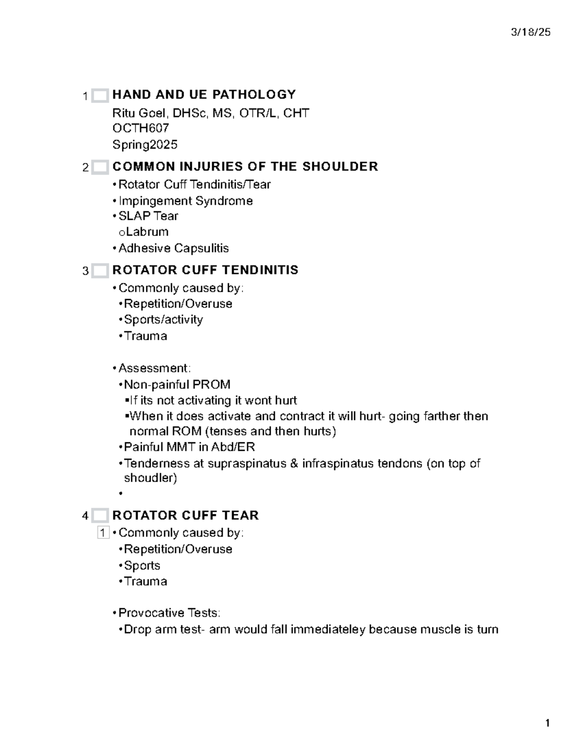 Common Upper Extremity Injuries & OT Interventions (OCTH607) - Studocu