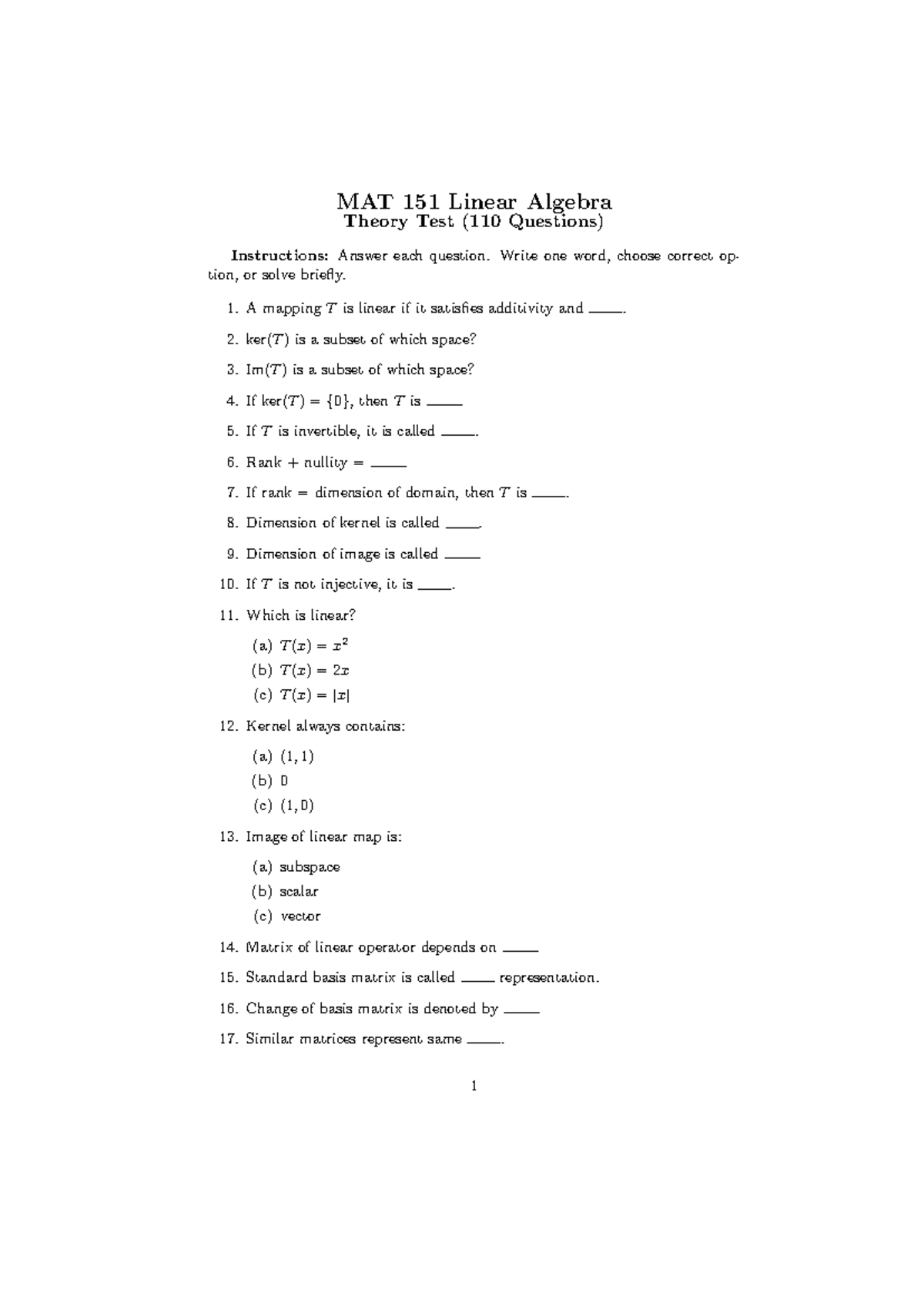 Midterm Exam Review for MAT 151: Linear Algebra Concepts - Studocu