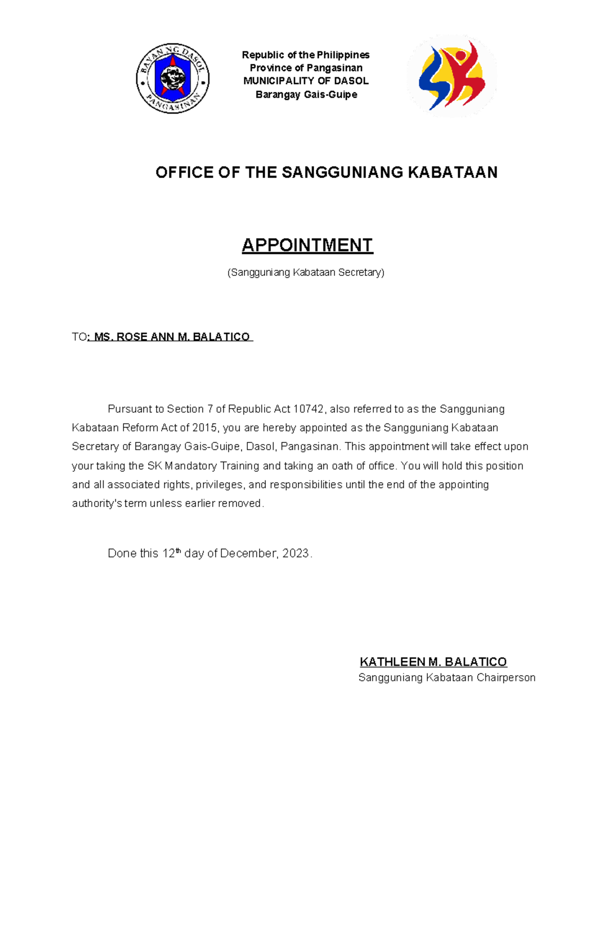 Appointment of SK Secretary - Ms. Rose Ann M. Balatico - Studocu