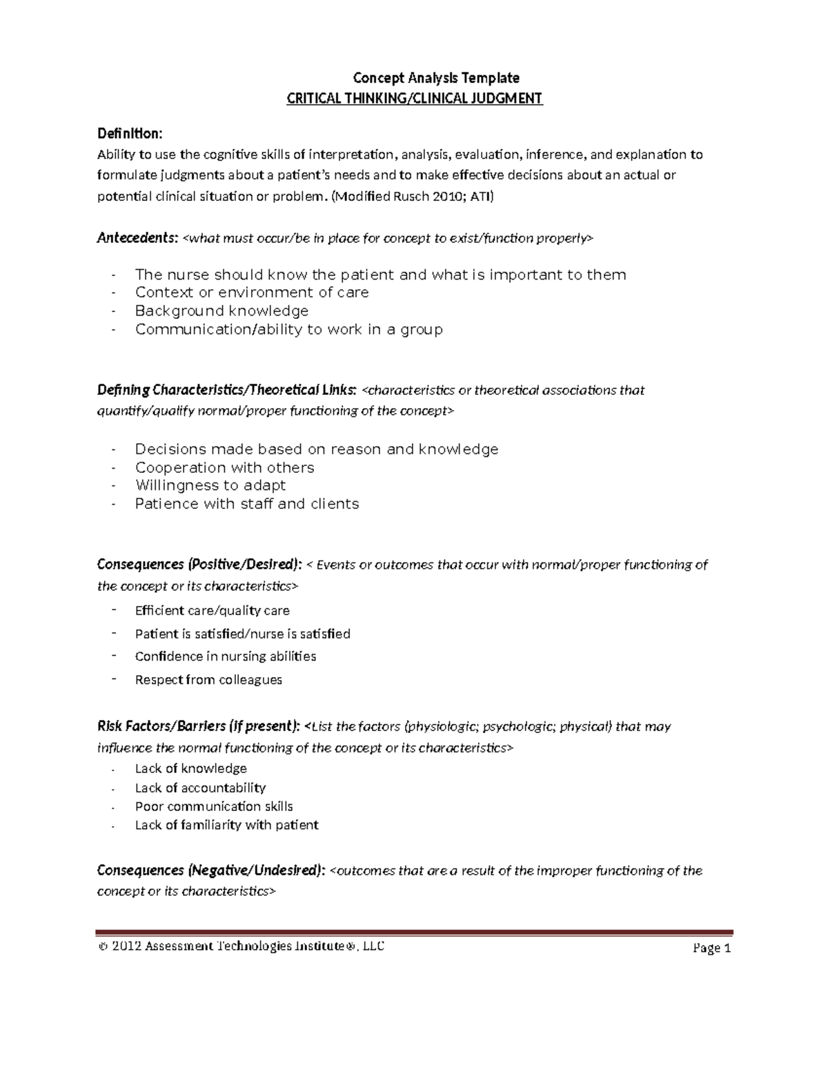 SV Critical Thinking & Clinical Judgement Concept Analysis Report - Studocu