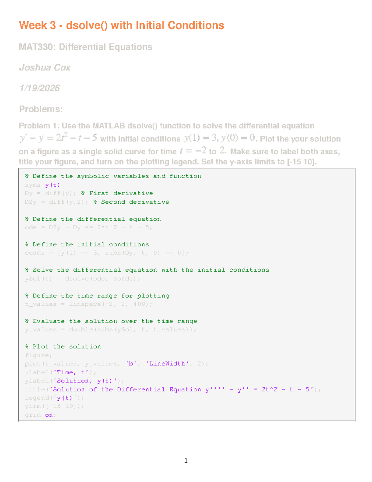 MAT330: Differential Equations Week 3 dsolve() Analysis and Solutions ...