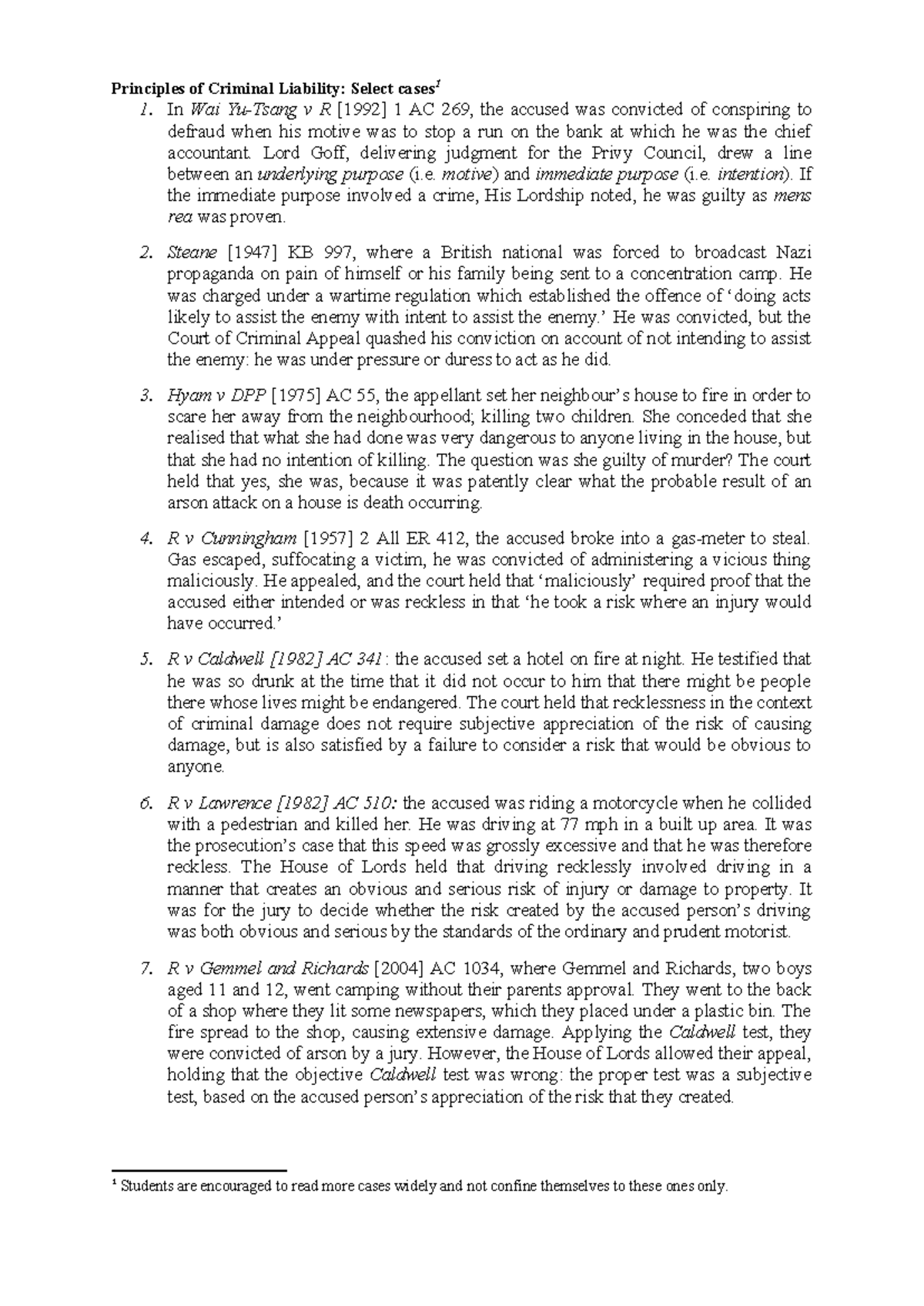Principles of Criminal Liability: Key Case Summaries and Notes - Studocu