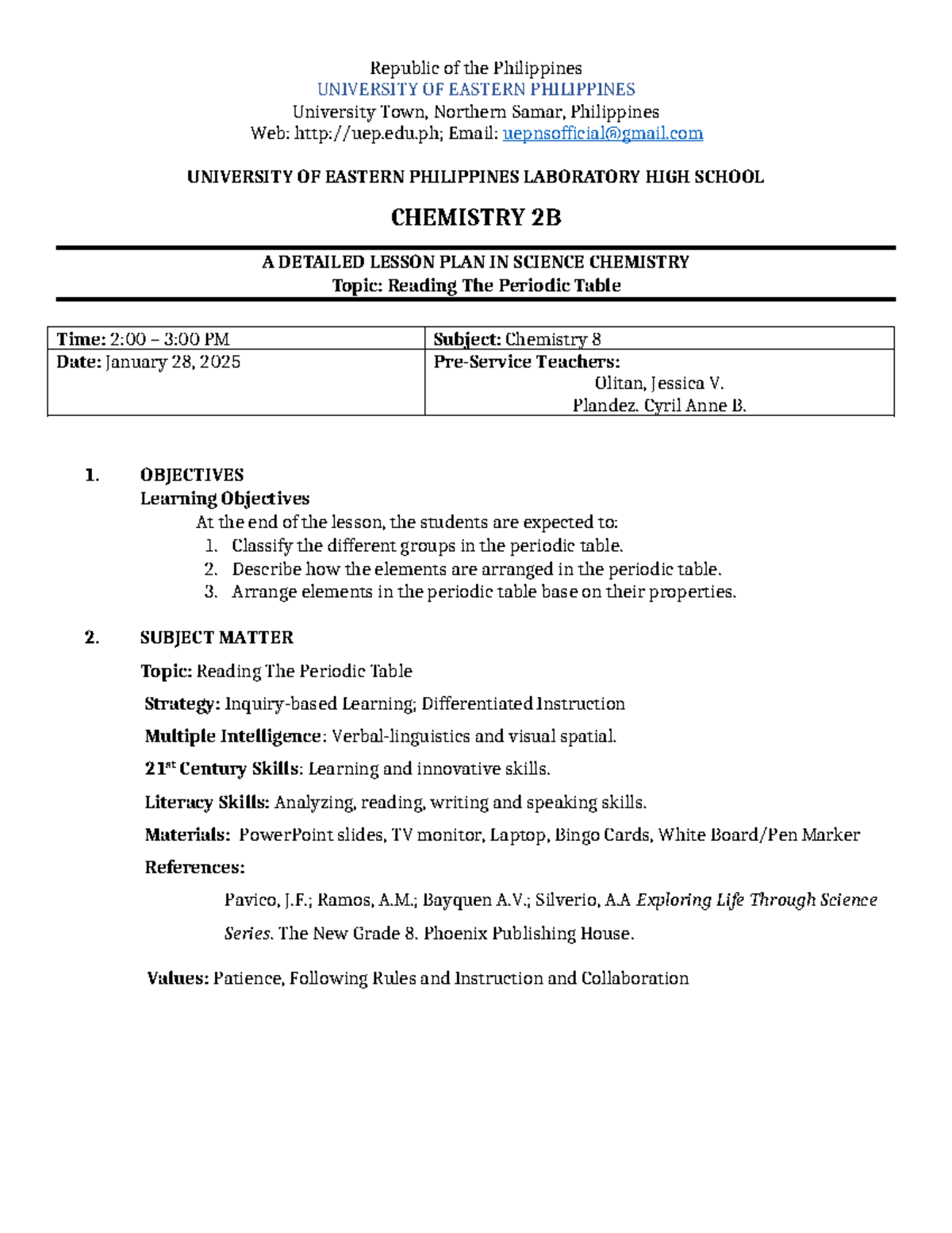 Periodic Table 4As DLP - This detailed lesson plan aims to provide ...