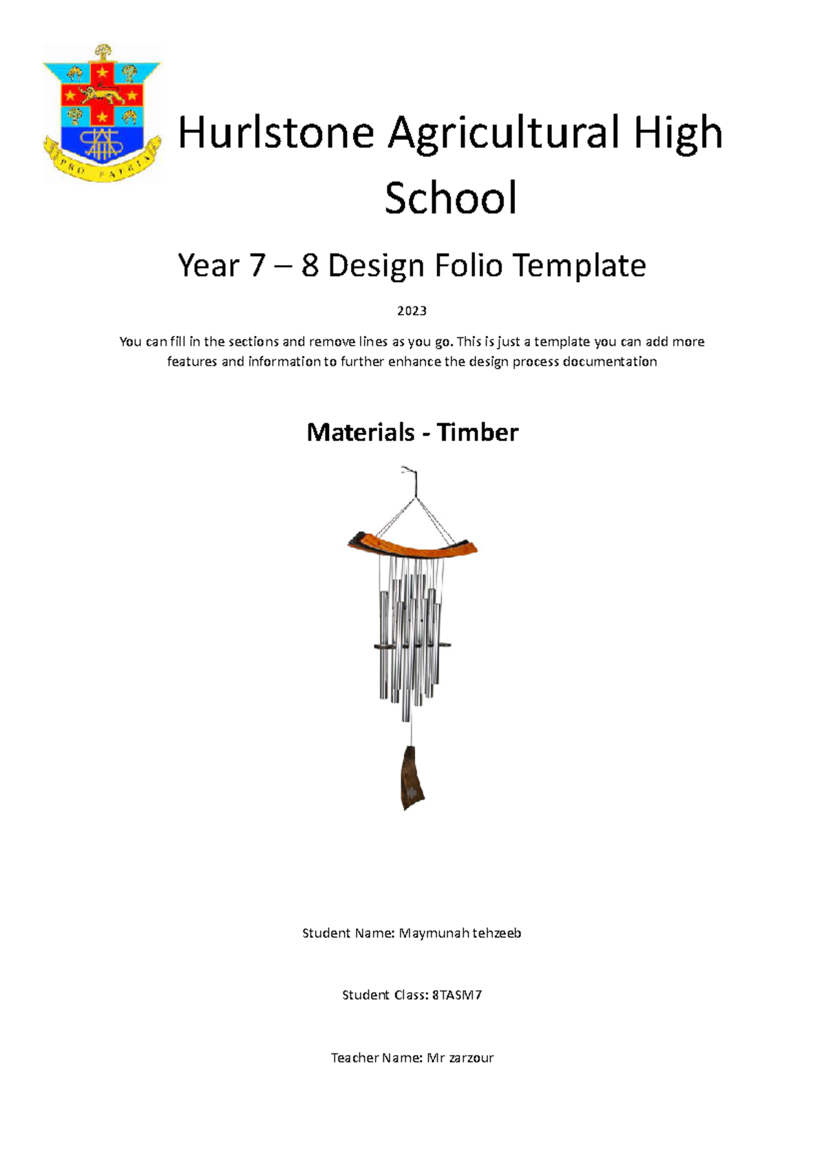 Timber Folio Template 1 - Hurlstone Agricultural High School Year 7 – 8 ...