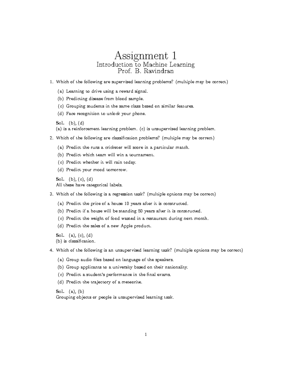 Assignment 1 - Machine Learning Concepts and Types - Studocu