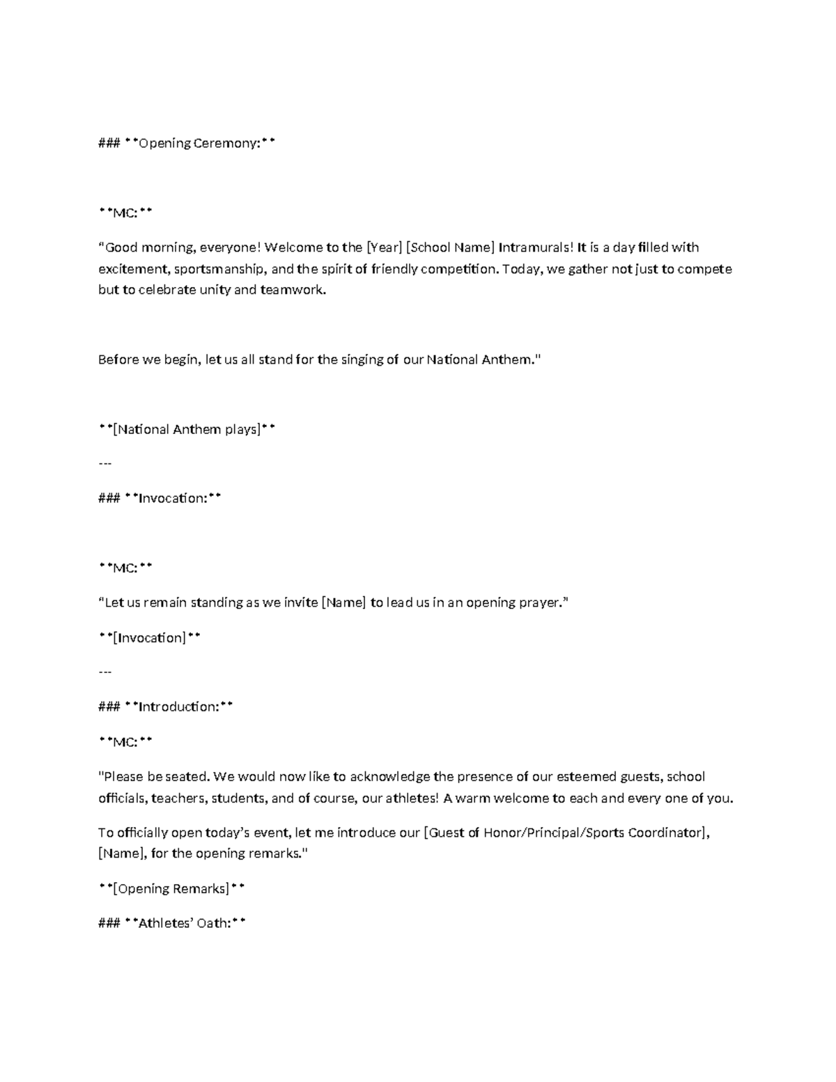 Intramural Opening Ceremony Script [Year] [School Name] - Studocu