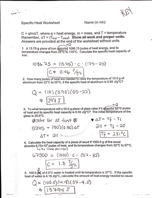 Calculating specific heat worksheet answers - Answer key Calculating ...