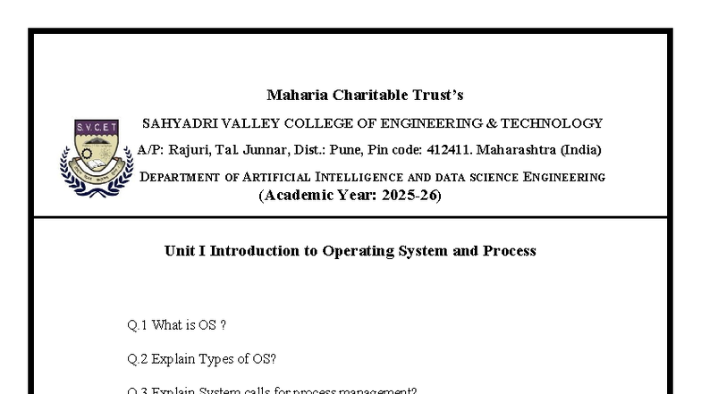 AI & DS Engineering - OS Assignments (Unit I-IV) - Studocu