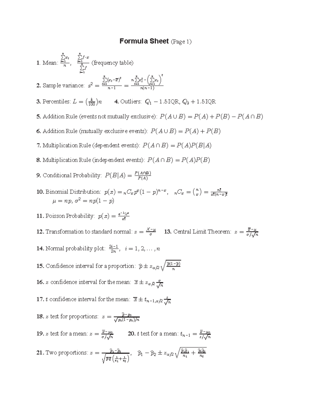Stats Formula Sheet for Course Code: STATS101 - Studocu