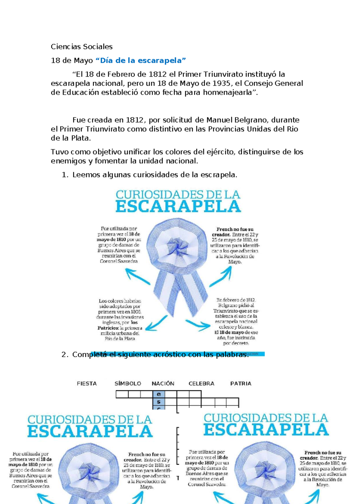DIA DE LA Escarapela - Ciencias Sociales 18 de Mayo “Día de la escarapela” “El 18 de Febrero de ...