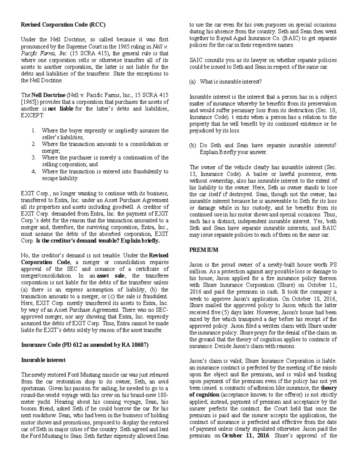 Revised Corporation Code (RCC) and Insurance Law: Key Concepts and Case ...