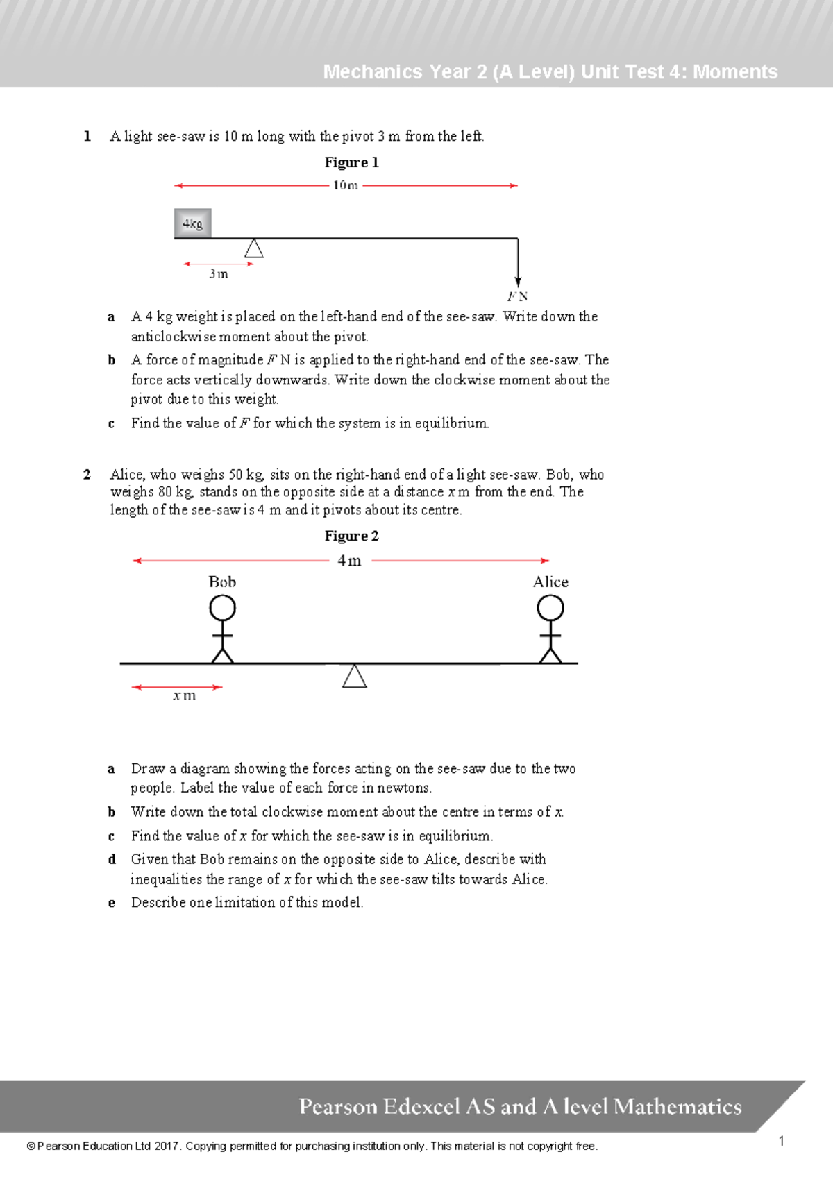 AL Maths Mechanics Unit 4 Test: Moments & Equilibrium Analysis - Studocu