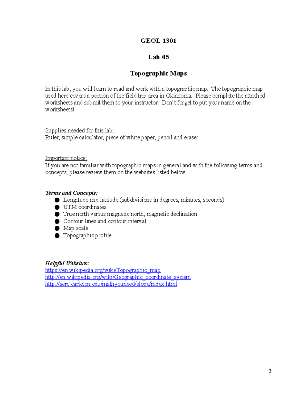 GEOL 1301 Lab 5: Understanding Topographic Maps and Their Features ...