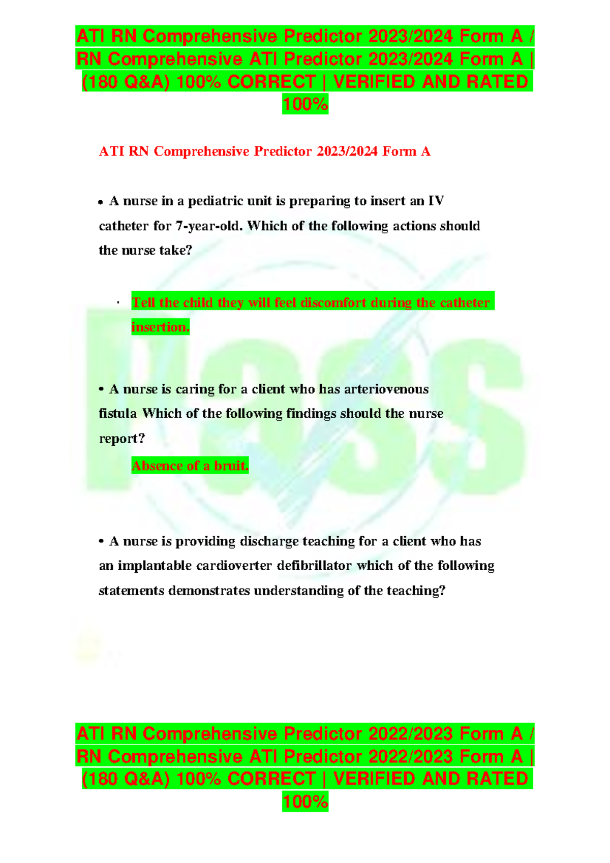 ATI RN Comprehensive Predictor Form A: Key Nursing Concepts and ...