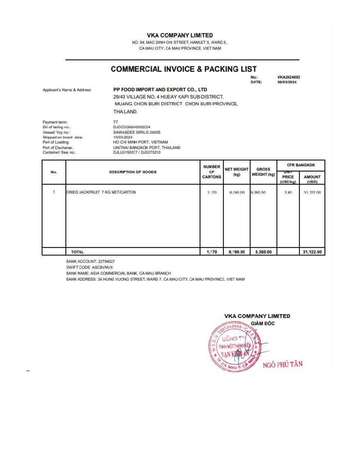 Commercial Invoice & Packing List - VKA 2024 - Studocu