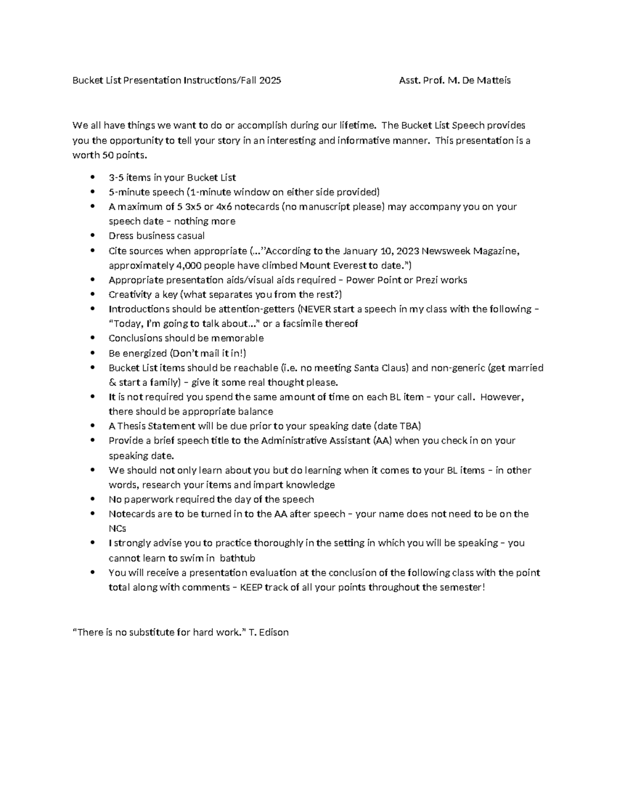 Bucket List Presentation Guidelines - 2025 (Asst. Prof. M. De Matteis ...