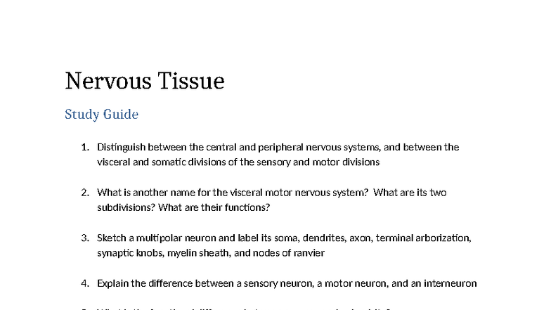 Nervous Tissue Study Guide for BIOL 101: Key Concepts & Functions - Studocu