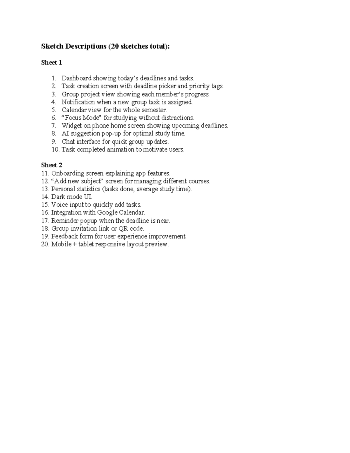 UI/UX Sketch Descriptions for App Features - 20 Total - Studocu