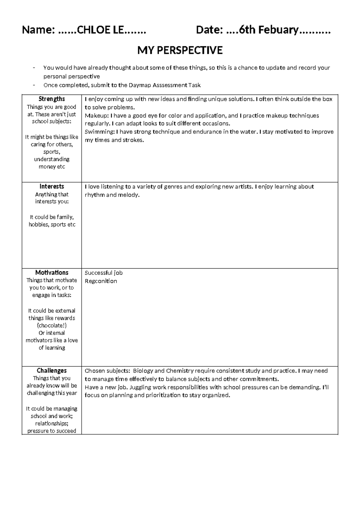 Senior School Perspectives Task: My Personal Reflection - Studocu