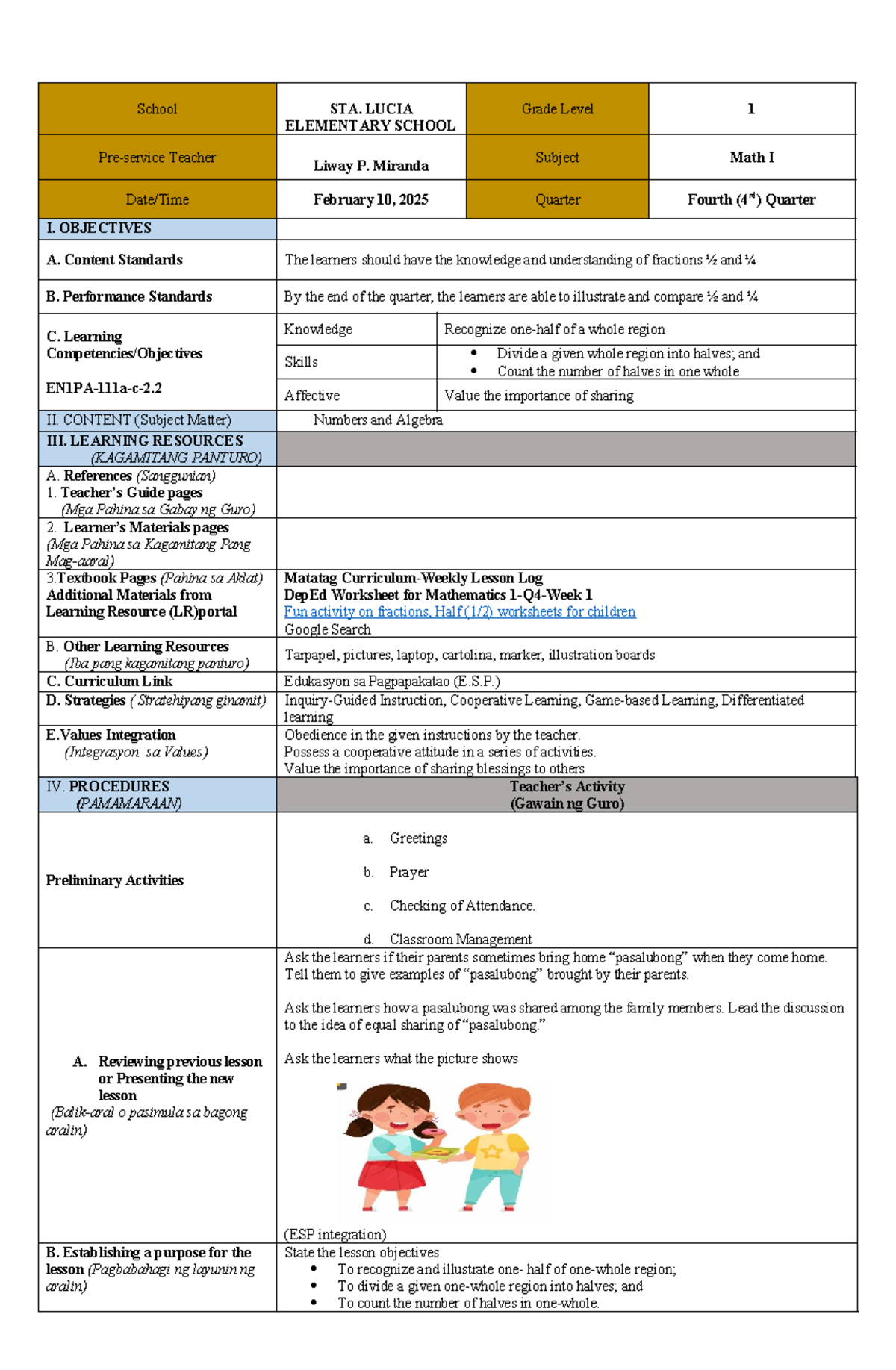 Grade 1 Math DLP: Understanding Fractions (½ & ¼) - 4th Quarter - Studocu