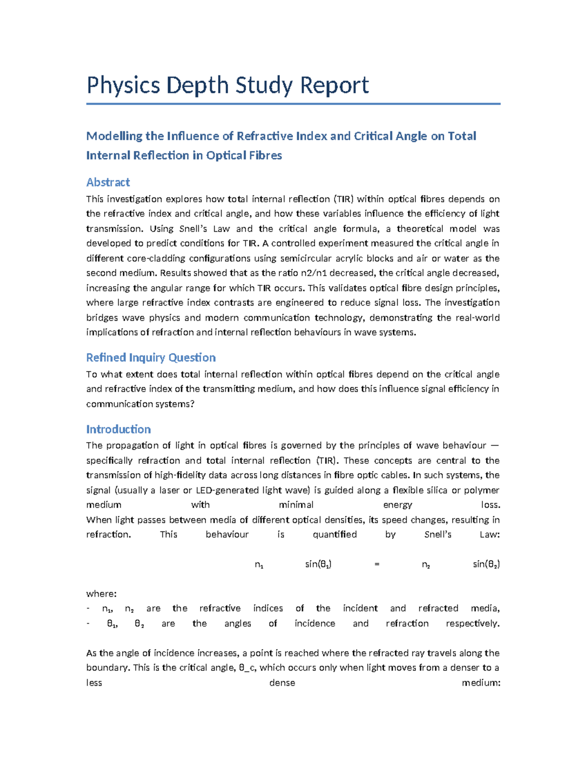 Physics Depth Study Report: TIR in Optical Fibres and Its Efficiency ...