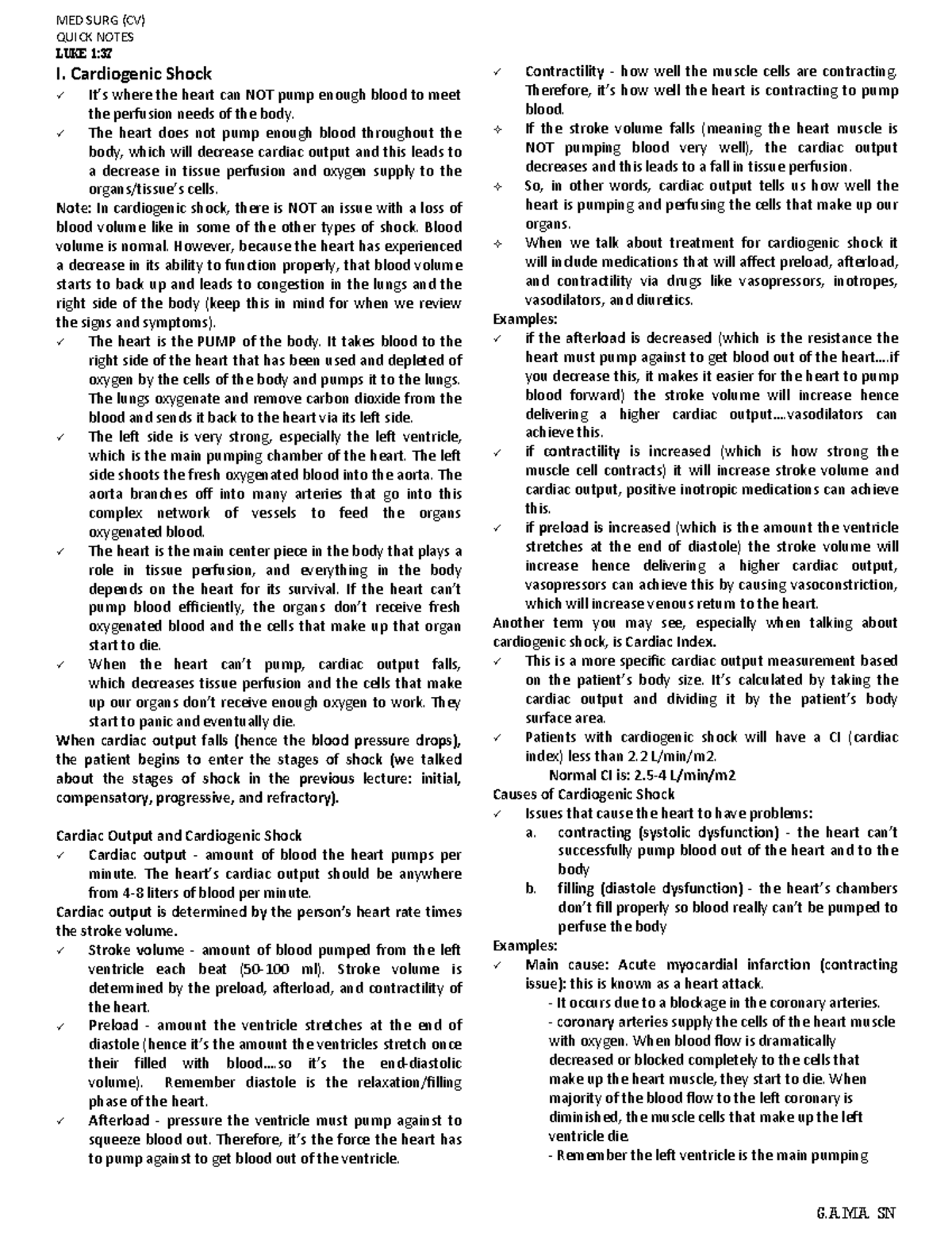 MED SURG Cardiogenic Shock Notes - QUICK NOTES LUKE 1: I. Cardiogenic ...