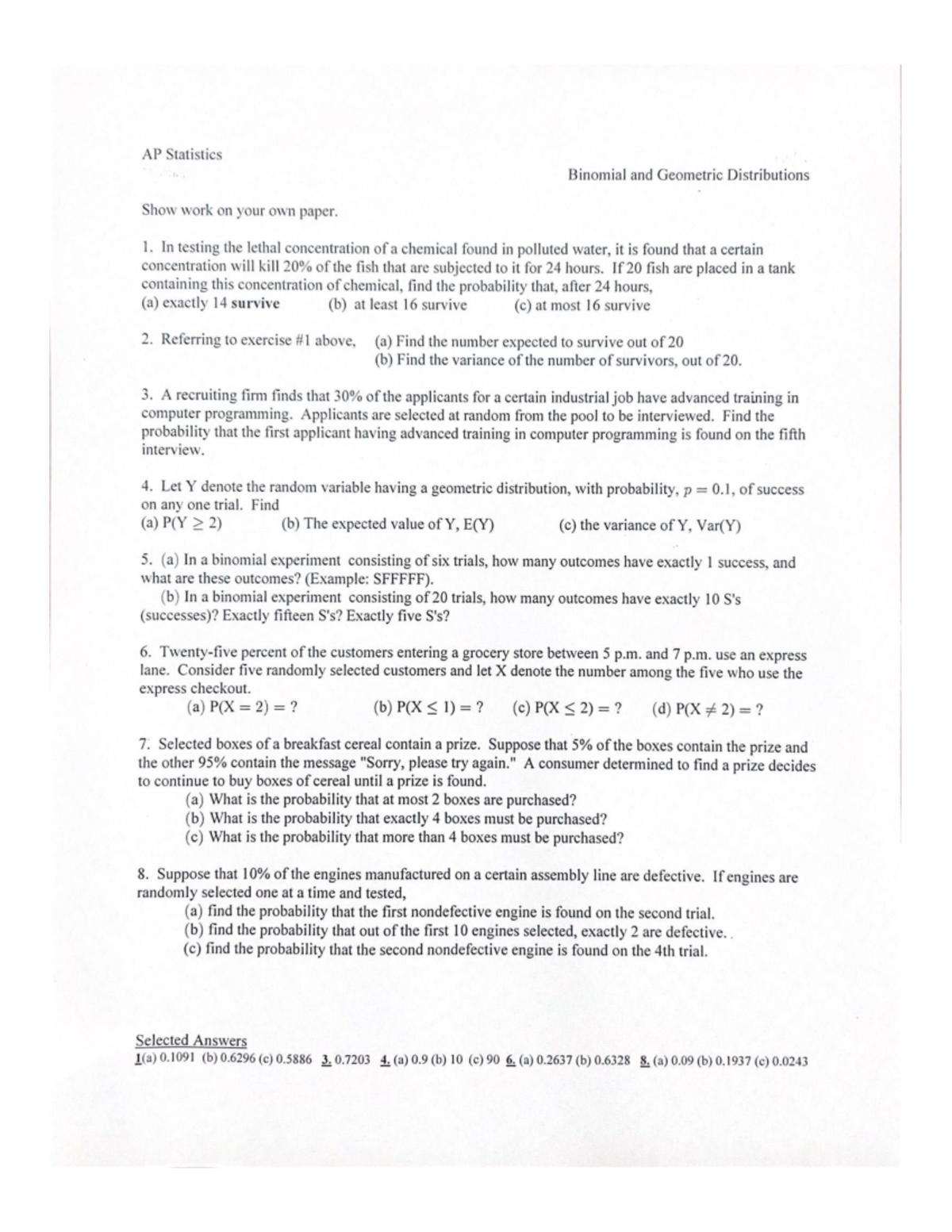Binomial and Geometric Distributions Worksheet - AP Statistics Binomial ...