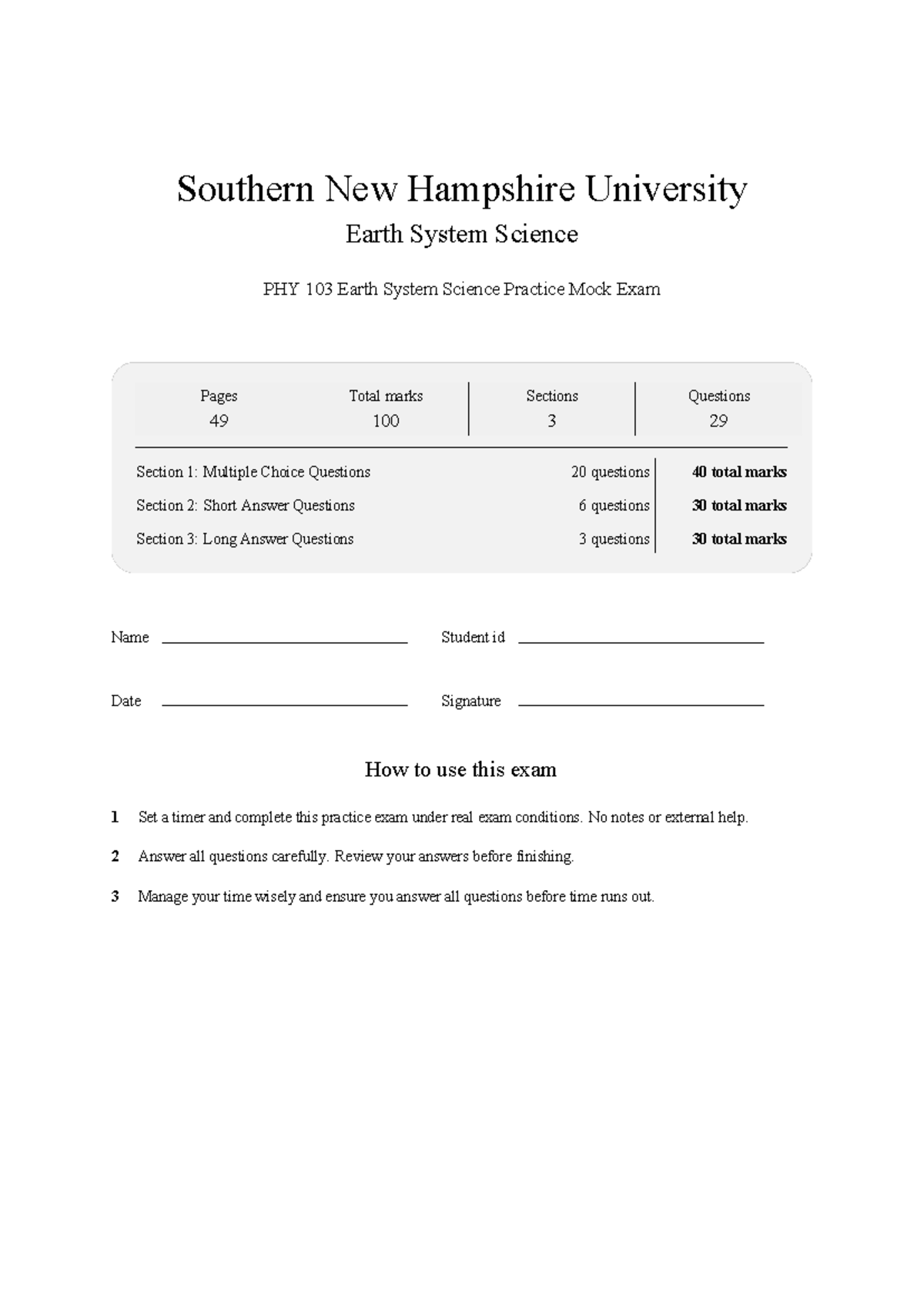 PHY 103 Earth System Science SNHU Practice Mock Exam 2026 - Studocu