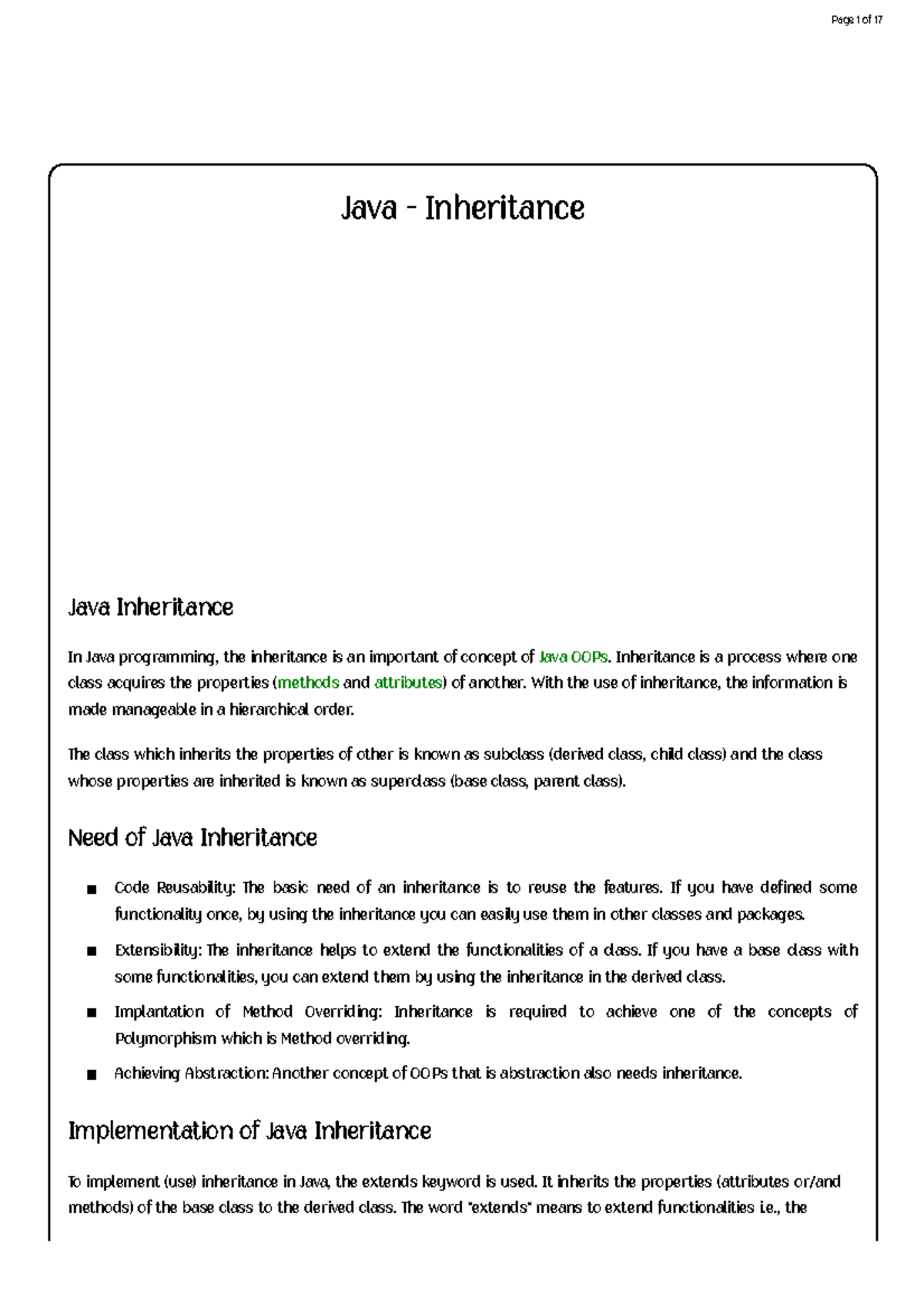 Java - Inheritance Concepts and Implementation Notes - Studocu