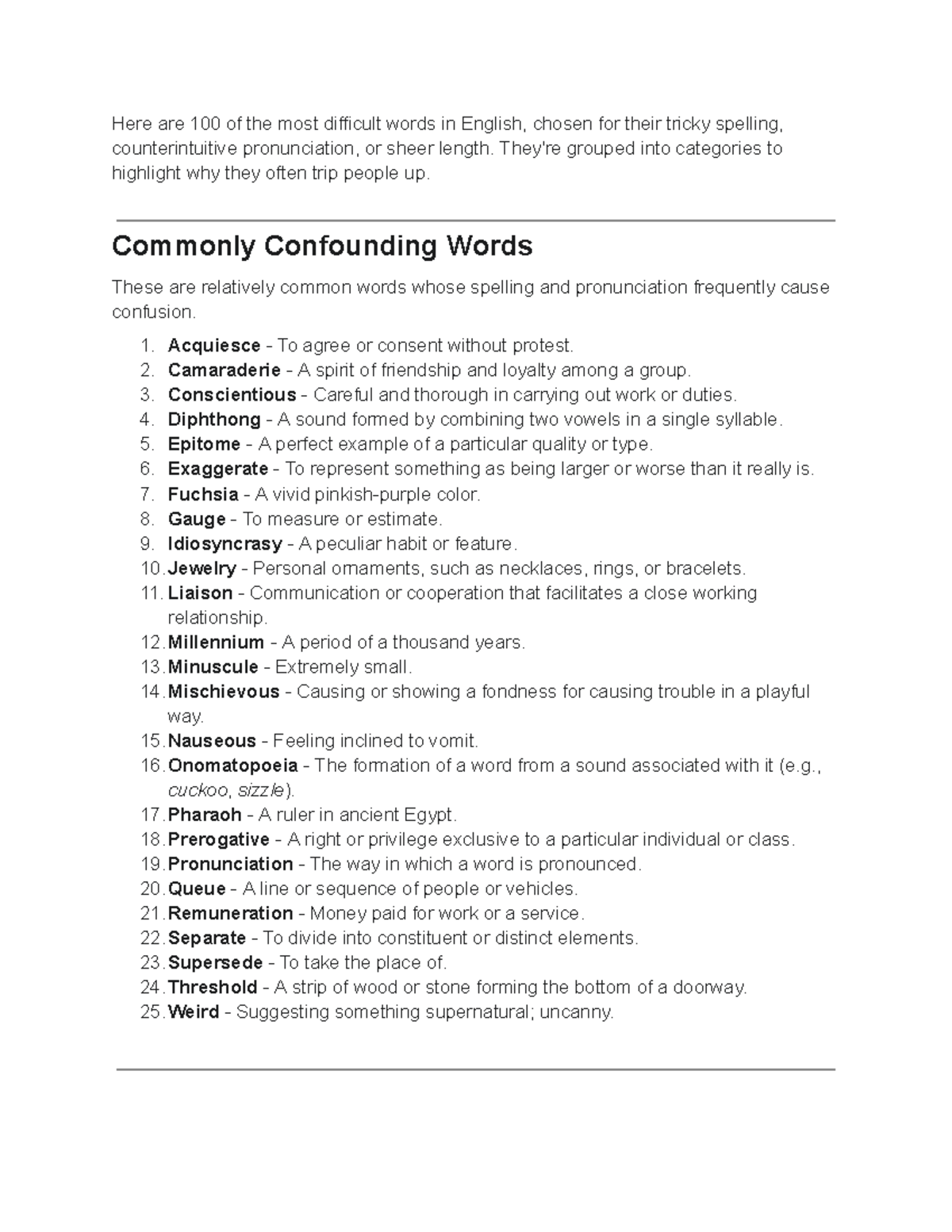 100 Challenging English Words: Spelling, Pronunciation & Length - Studocu