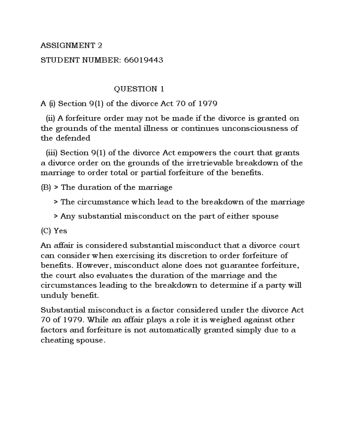 Assignment 2: Divorce Act 70 of 1979 Analysis and Forfeiture ...