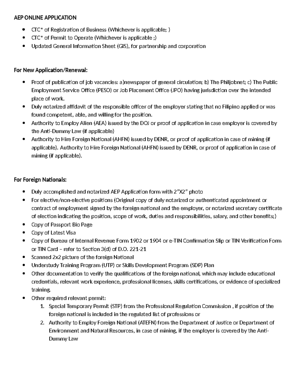 AEP Online Application for Business Registration and Employment Permits ...