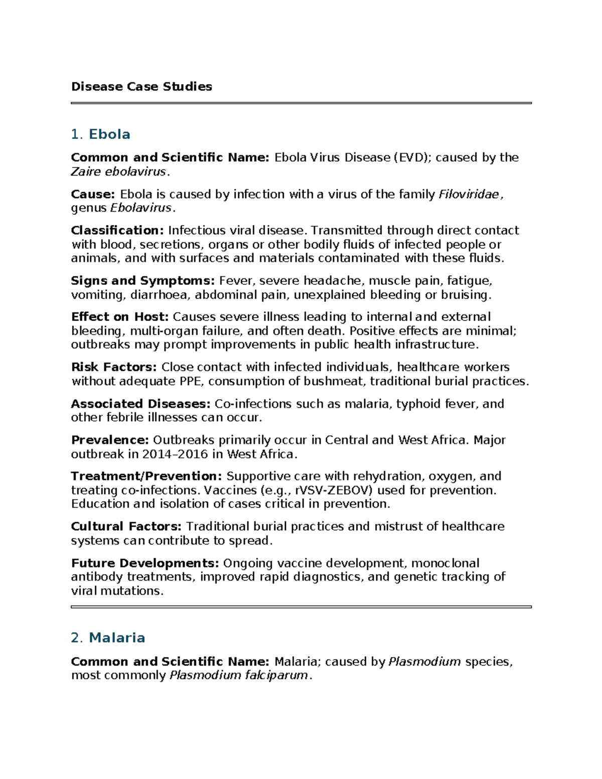 Disease Case Studies: Ebola, Malaria, Diabetes & Visual Disorders - Studocu