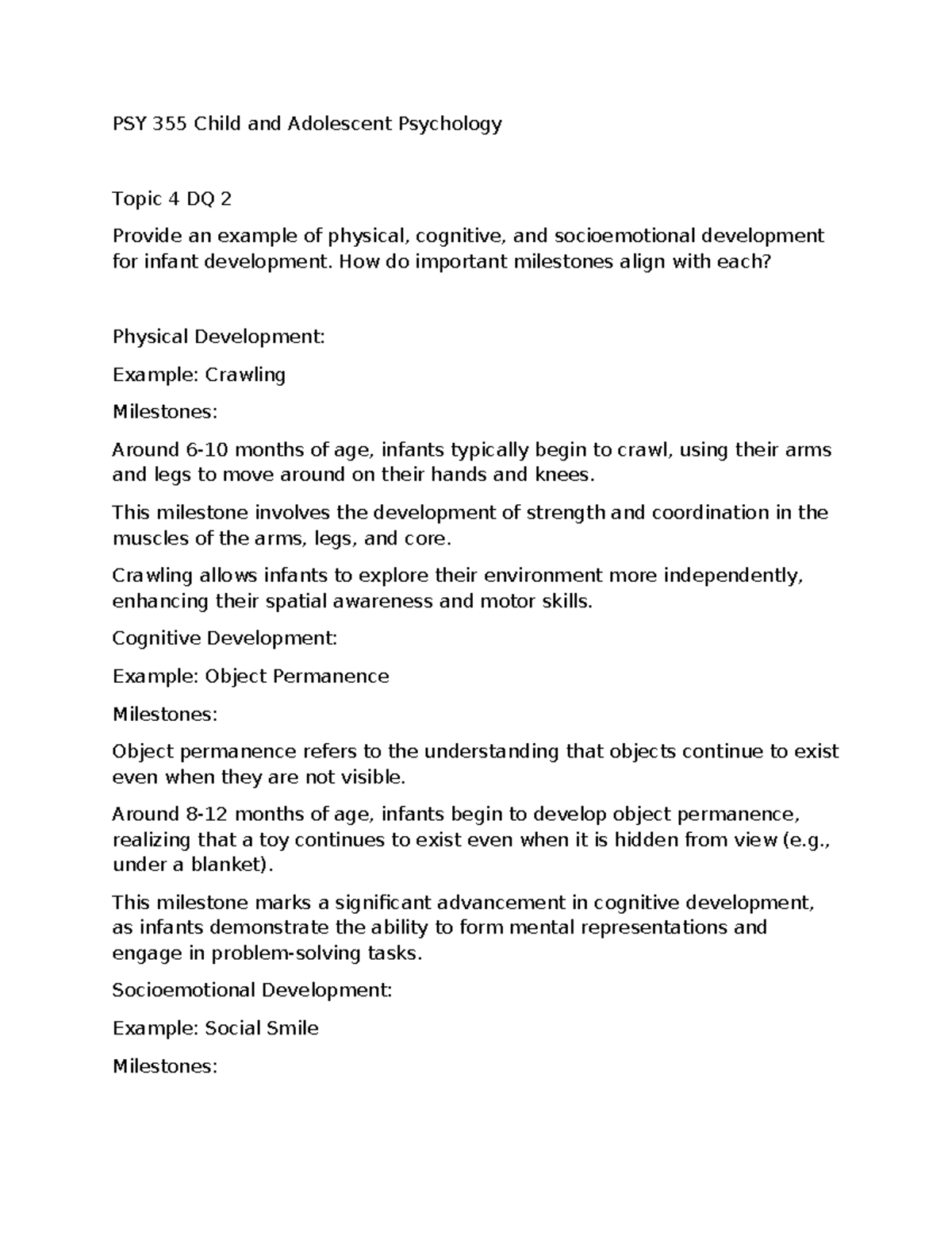 PSY 355 Child & Adolescent Psychology: Infant Development Milestones ...