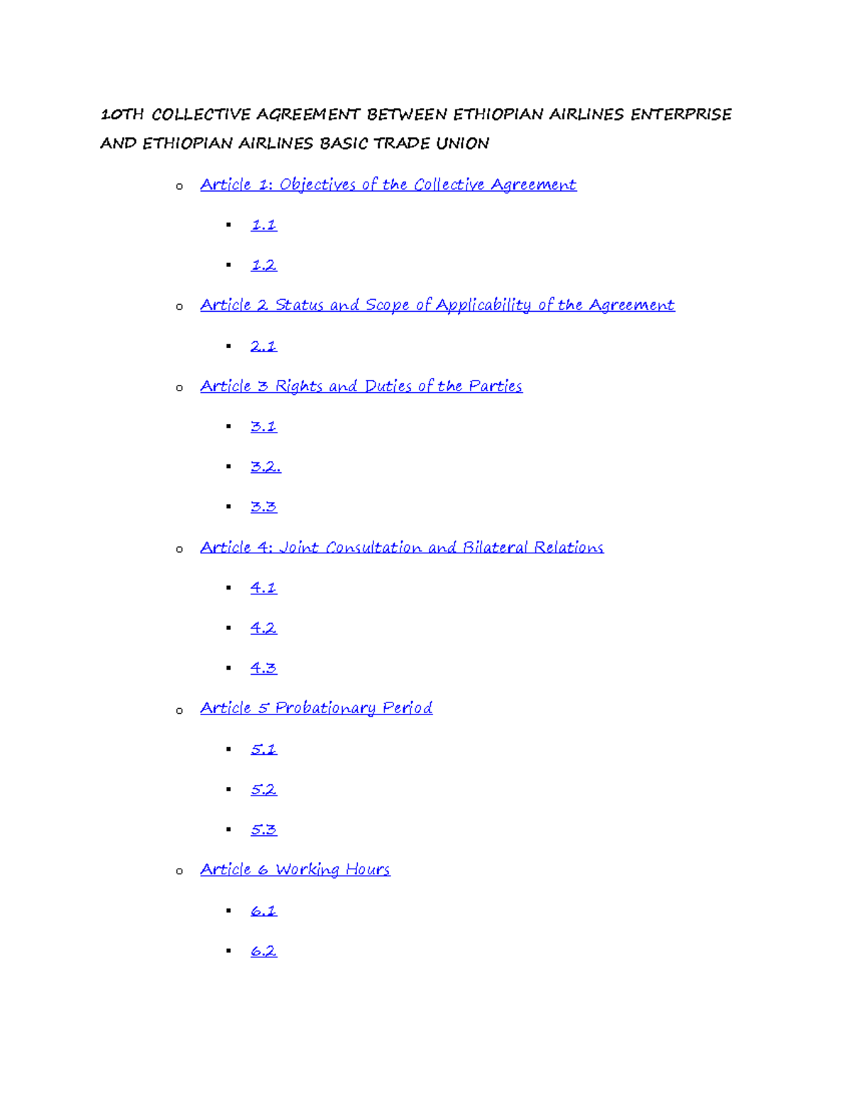 10TH Collective Agreement: Ethiopian Airlines & Trade Union - Studocu