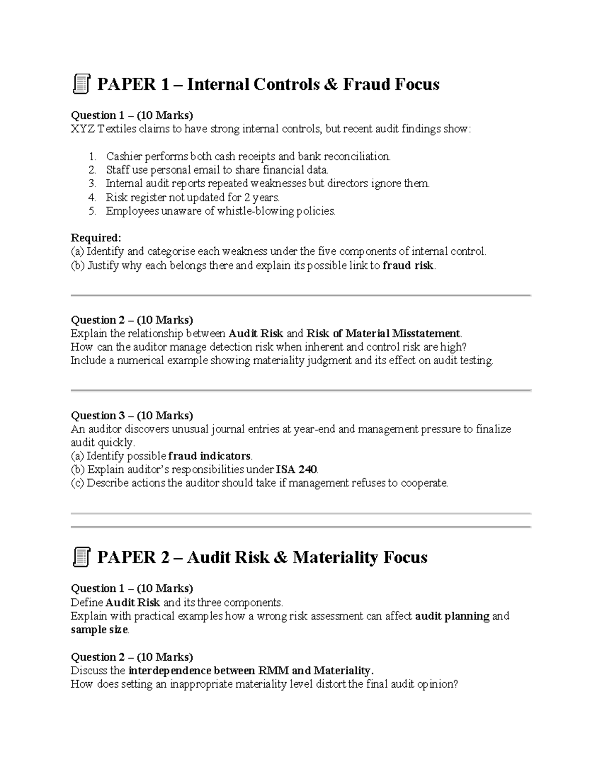 Audit Paper: Internal Controls & Audit Risk Analysis (PAPER 1-4) - Studocu
