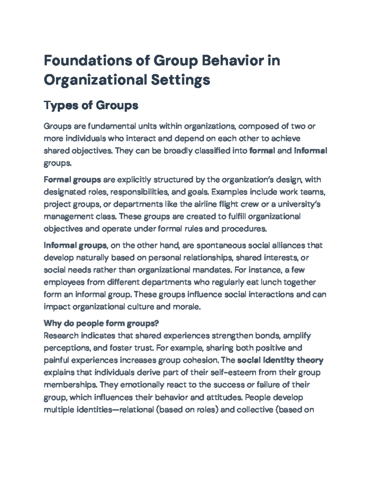 Foundations of Group Behavior and Dynamics in Org Settings (MGMT 101 ...
