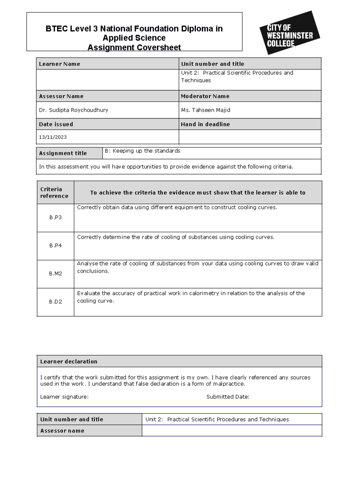 Unit 2 Assig B Brief - BTEC Level 3 National Foundation Diploma in ...