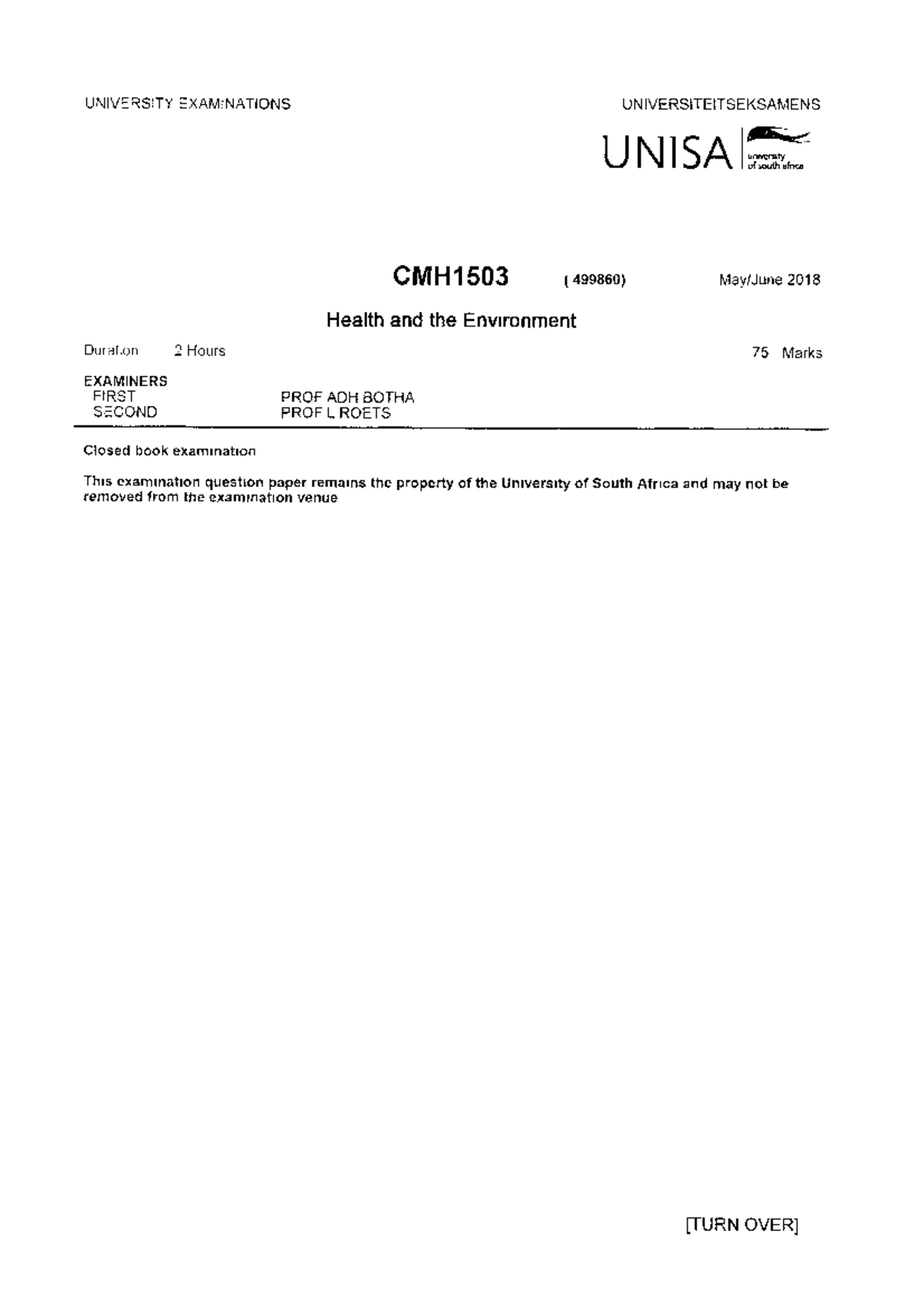 CMH1503 2018 - Past Exam Paper on Health and the Environment - Studocu