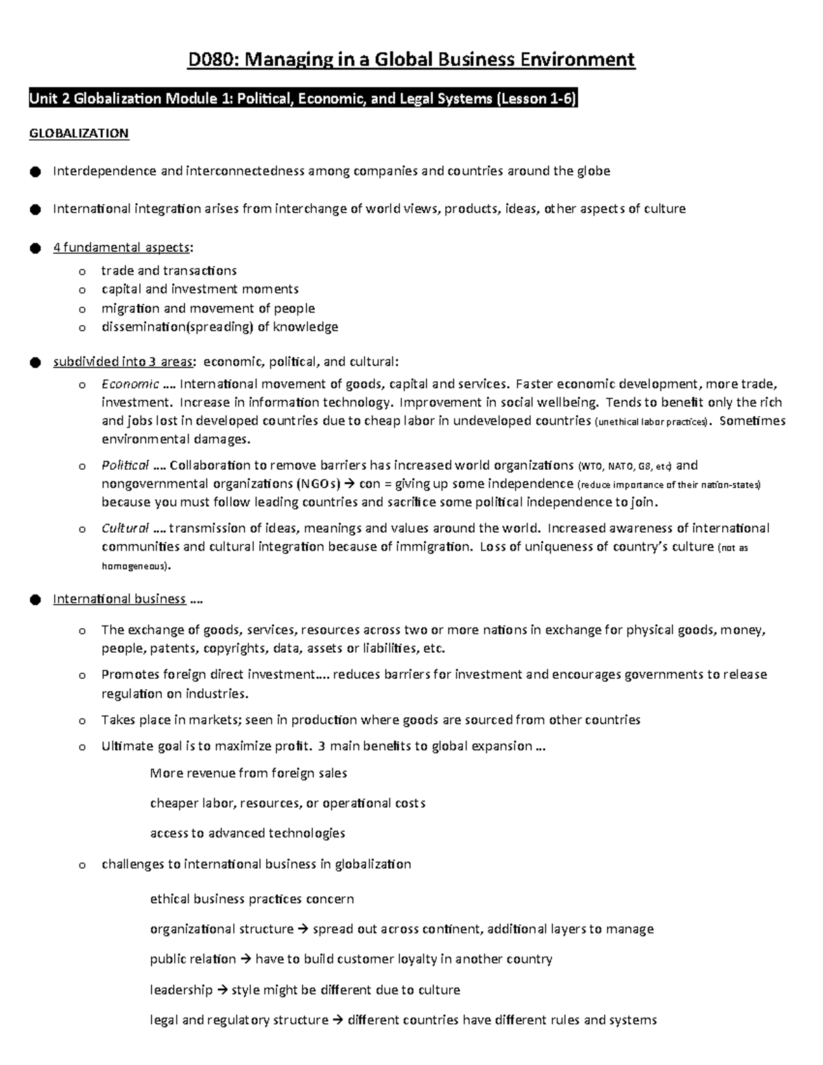 D080 Global Business Unit 2 Study Guide: Globalization & Trade - Studocu